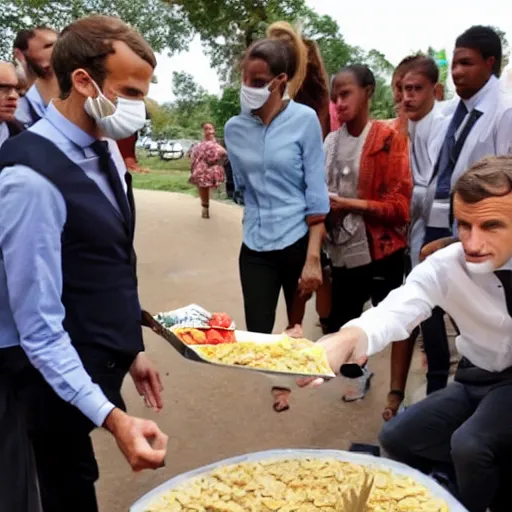 a barefoot emmanuel macron giving food to the poor | Stable Diffusion