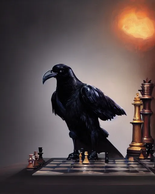 oil painting of Anthropomorphized raven playing chess, | Stable ...