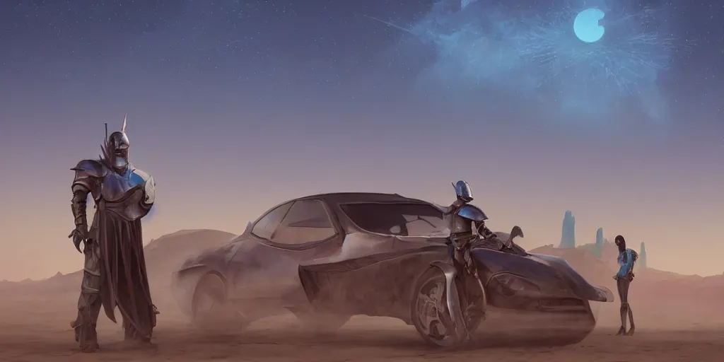 blue knight in desert standing next to car, misty blue | Stable Diffusion | OpenArt