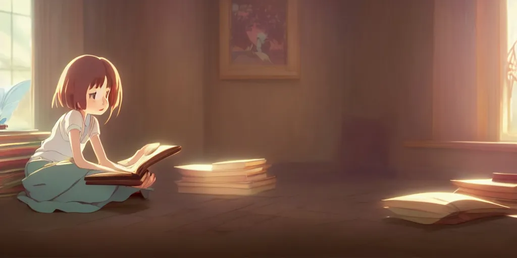a wholesome animation key shot of a girl reading a | Stable Diffusion ...
