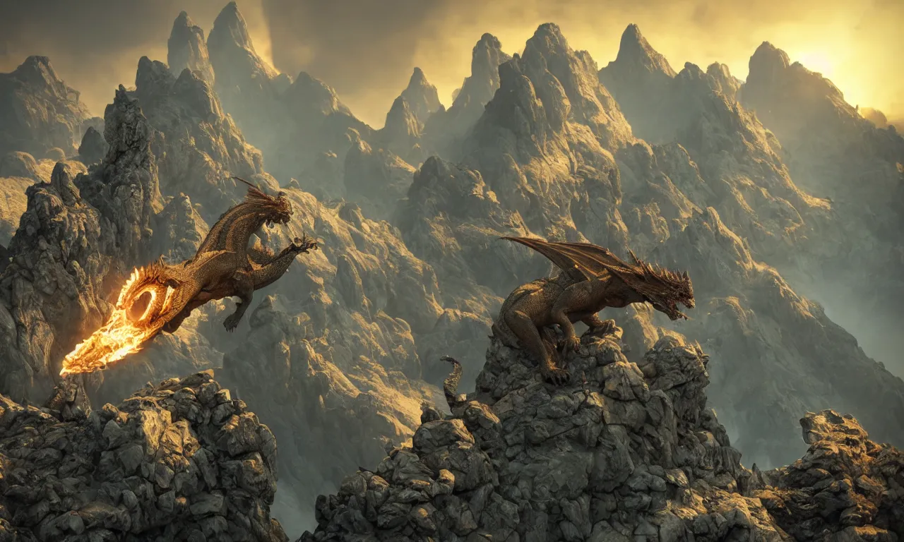 A dragon breathing fire on top of a mountain, stylized | Stable ...