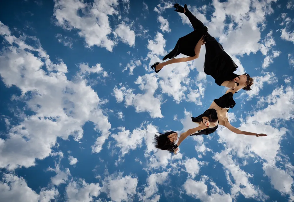 fashion editorial falling in the sky. wide angle shot. | Stable Diffusion