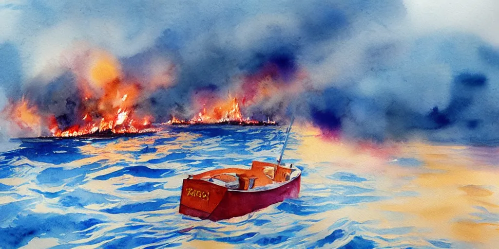 A watercolor painting of a boat burning in the ocean, | Stable ...