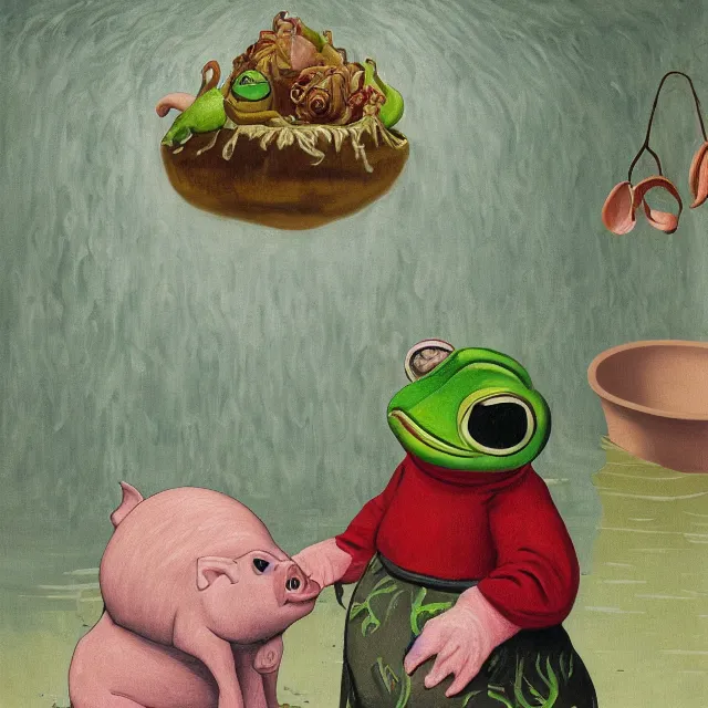 pepe the frog holding a pig in flooded bathroom, | Stable Diffusion ...