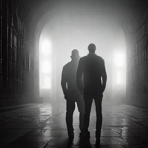 two shadowed men, in a massive scale shot darkness | Stable Diffusion ...