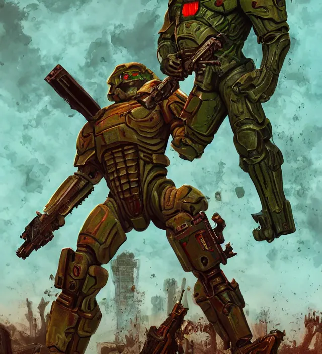 classic doomguy standing on top of all the demons he | Stable Diffusion