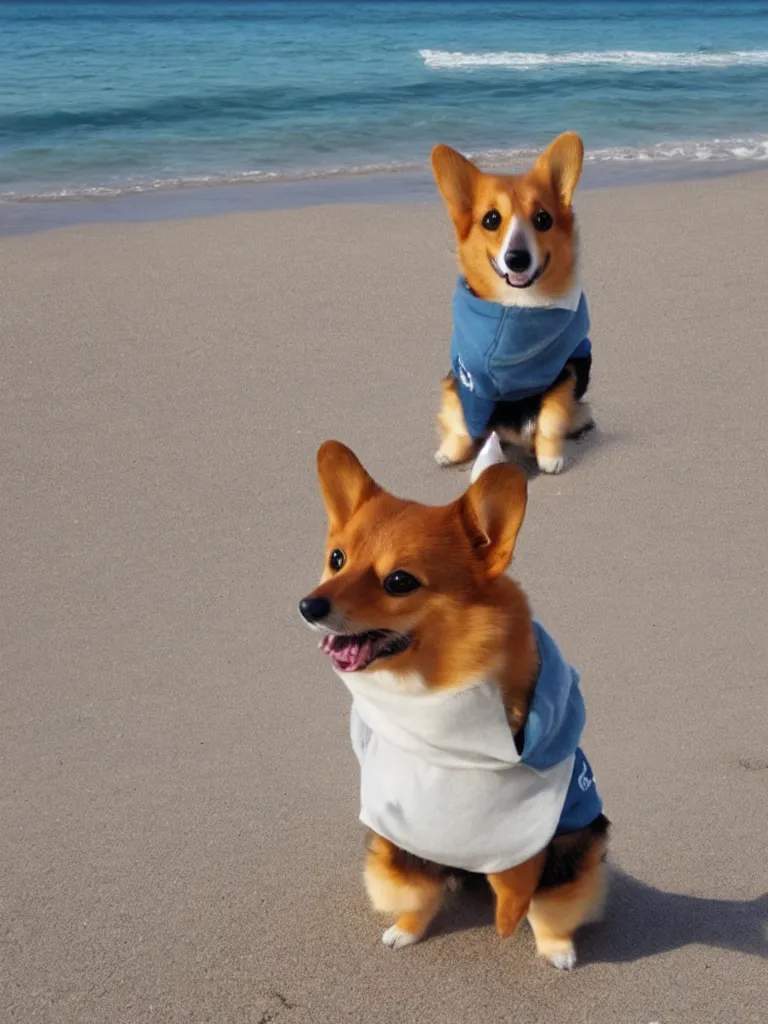 cute anthropomorphic corgi on a beach wearing a hoodie | Stable ...