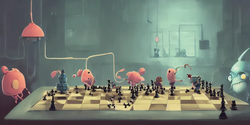 kawaii cartoon monsters playing chess in a laboratory | Stable ...