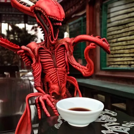 xenomorph alien drinking chinese tea in a chinese tea | Stable ...
