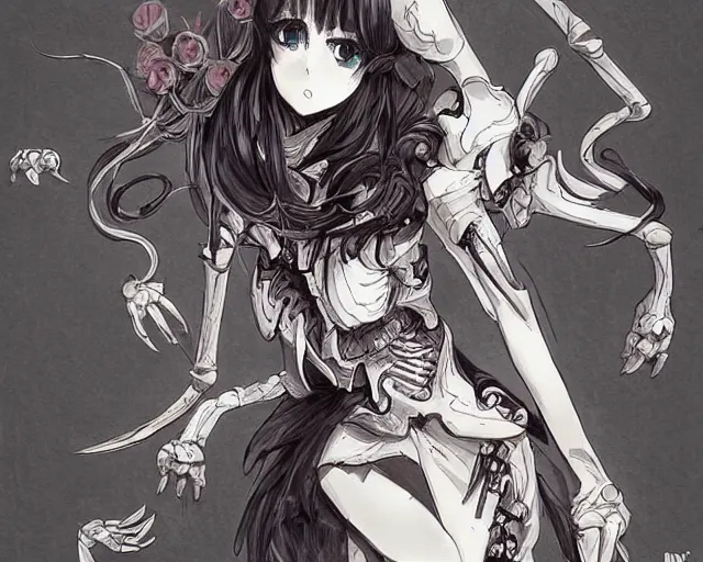 anime girl fighting a skeleton confident pose, | Stable Diffusion