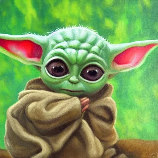 painting of a cute baby yoda in the woods hiding | Stable Diffusion ...