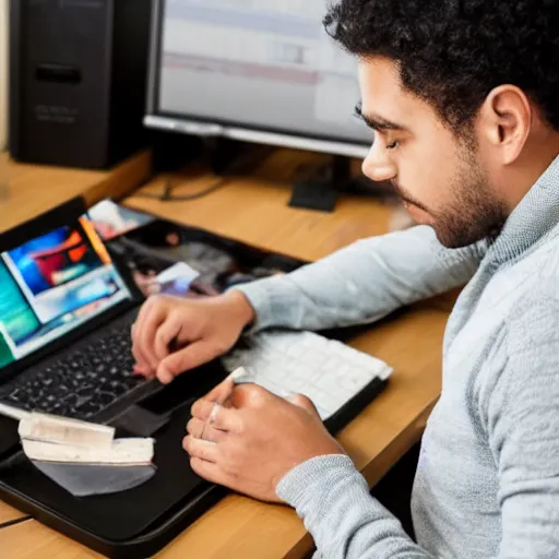 a man sitting at his computer with a rolling tray and | Stable ...