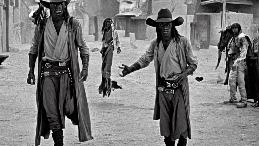 Jar Jar Binks in a cowboy outfit, standing in a dusty | Stable ...
