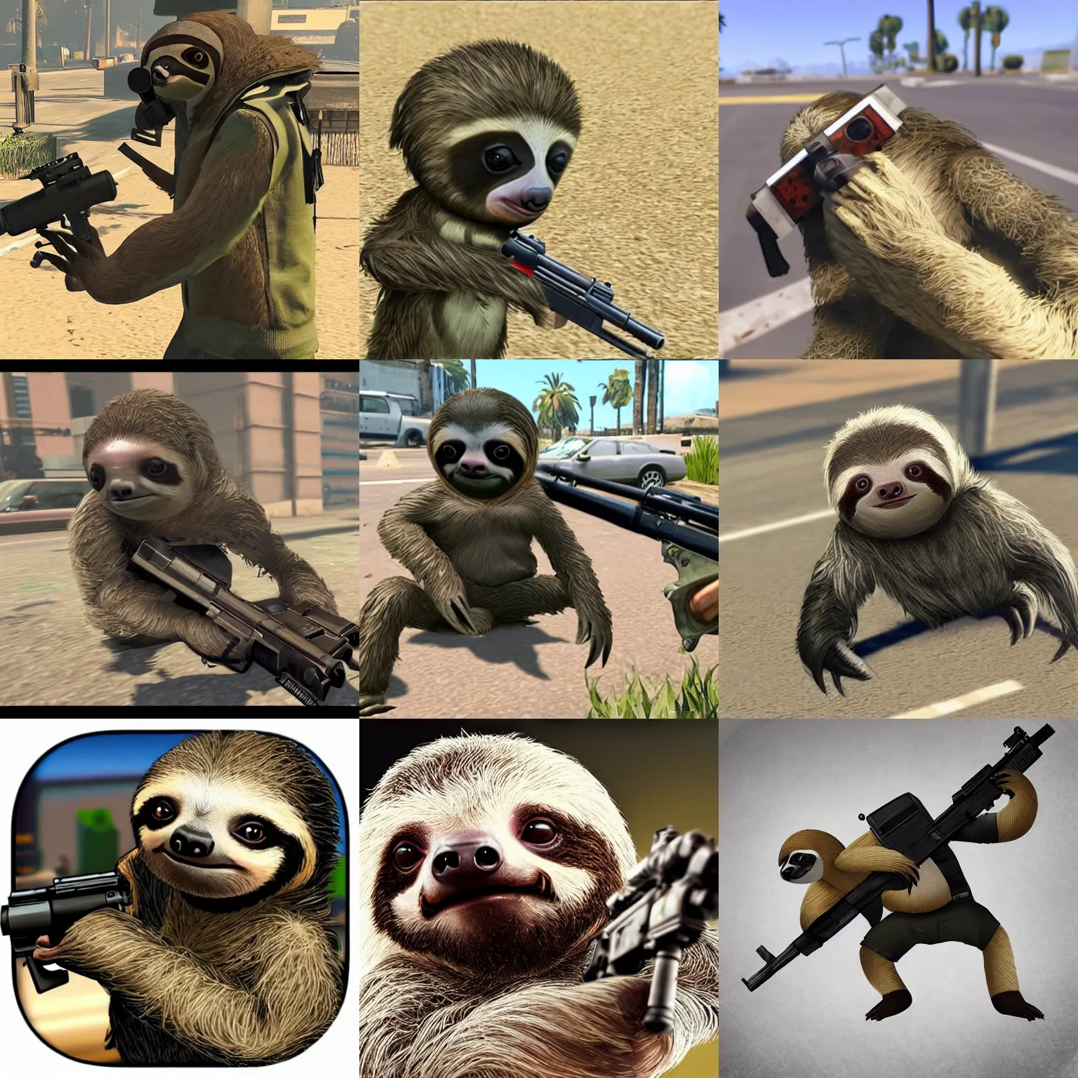 baby sloth with a machine gun gta v style | Stable Diffusion