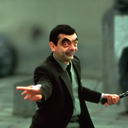 A still of Mr Bean in The Matrix | Stable Diffusion