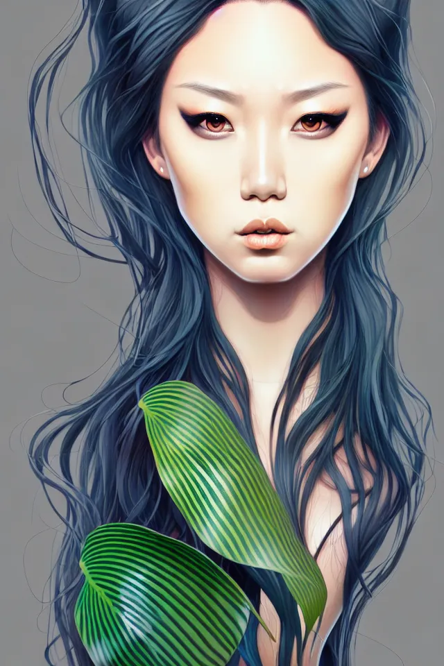 Asian, queen of the monstera, symmetrical face, | Stable Diffusion | OpenArt