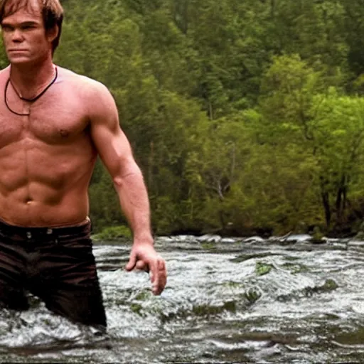 shirtless dexter morgan riding a bear in a river | Stable Diffusion