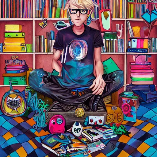 lonely blonde goth nerd guy sitting in cluttered room | Stable ...