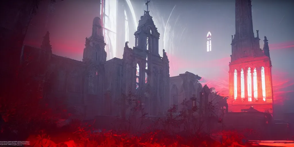 symmetrical, ancient church with red shafts of light | Stable Diffusion ...