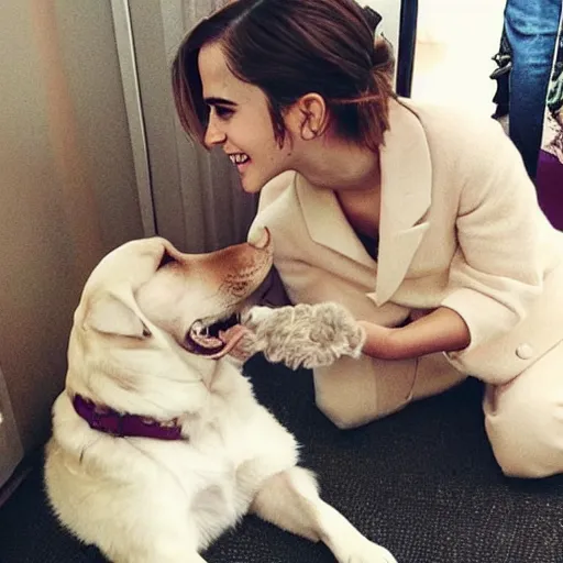 An instagram post of Emma watson high fiving a dog | Stable Diffusion