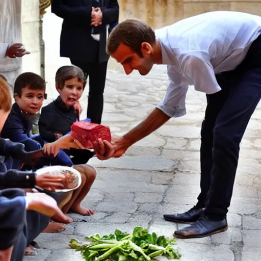 a barefoot emmanuel macron giving food to the poor | Stable Diffusion