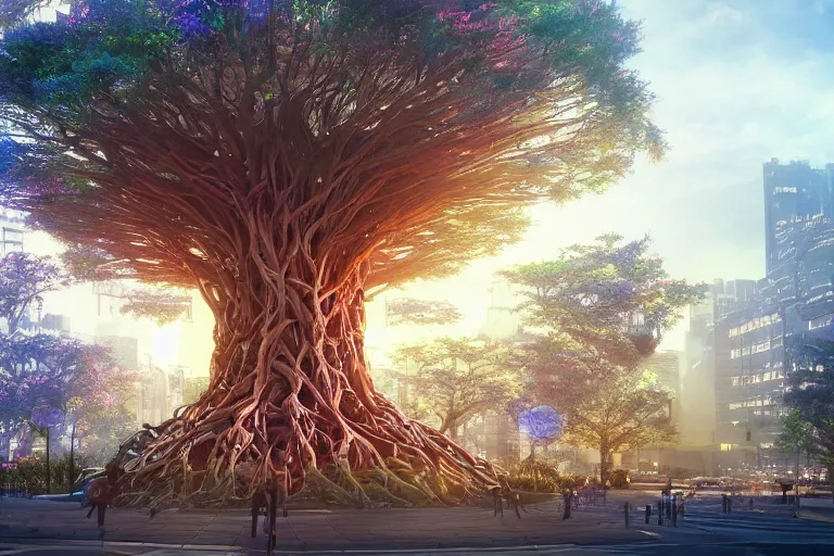 Cybernetic tree of life in a city center, hyper real, | Stable ...