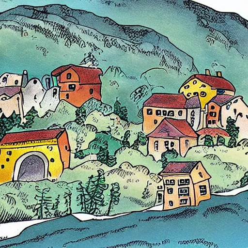 cartoon of a small village surrounded by mountains. | Stable Diffusion