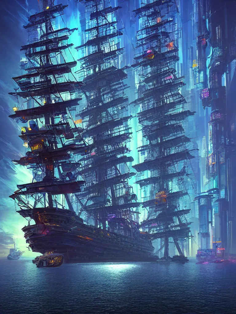 an epic looking cyberpunk pirate ship, docking in | Stable Diffusion | OpenArt