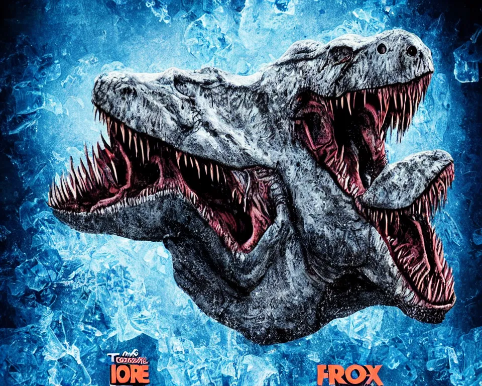 a horror movie poster featuring a t - rex frozen in ice | Stable Diffusion
