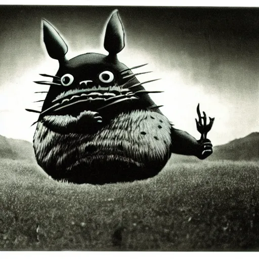 vintage photograph of a terrifying totoro with glowing | Stable ...