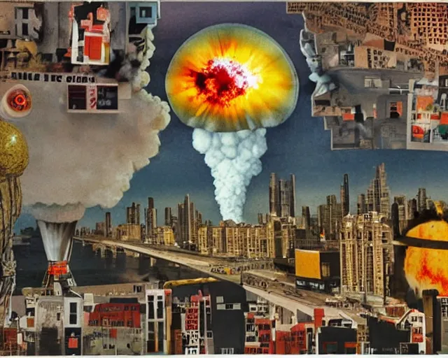surrealistic collage art, nuclear explosion in a city | Stable ...