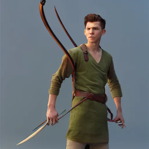 Tom Holland Wearing Green Tunic Holding A Longbow. | Stable Diffusion