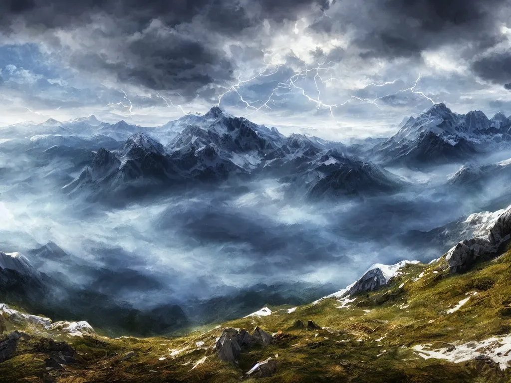 realistic view from a mountaintop, high mountains, | Stable Diffusion