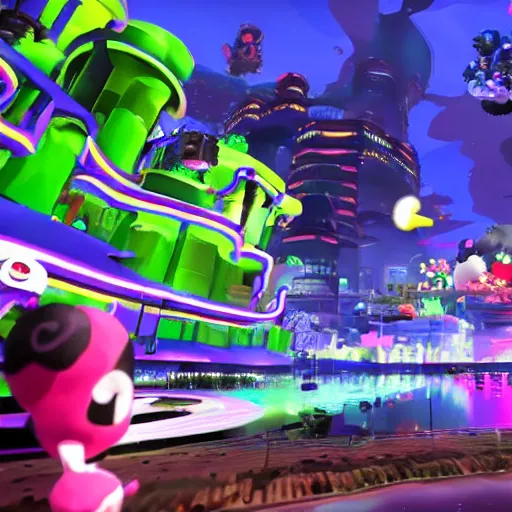 a landscape in the night of video game splatoon 3, | Stable Diffusion