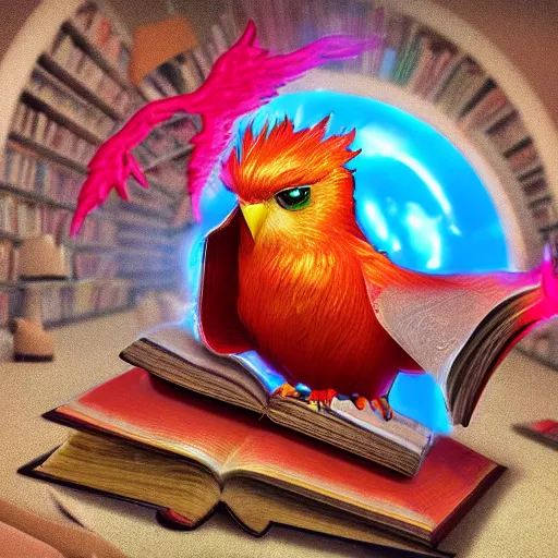 a cute flaming mythical firebird reading a book in a | Stable Diffusion ...