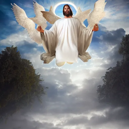 jesus sitting on a white chair with his Angels flying | Stable Diffusion