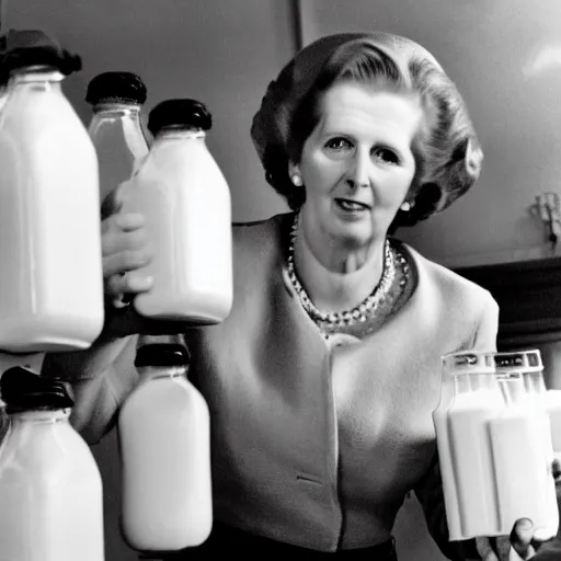 margaret thatcher holding many bottles of milk | Stable Diffusion | OpenArt