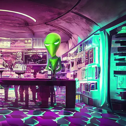a dirty alien shop, futuristic, holographic, 8k, sharp | Stable ...