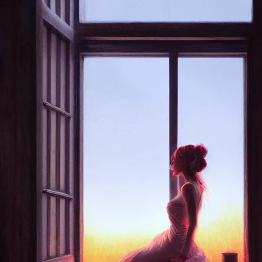 young beautiful woman, view from window, sunset, high | Stable ...