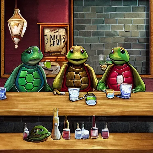 three turtles and a dove chilling at a bar in phillies | Stable ...