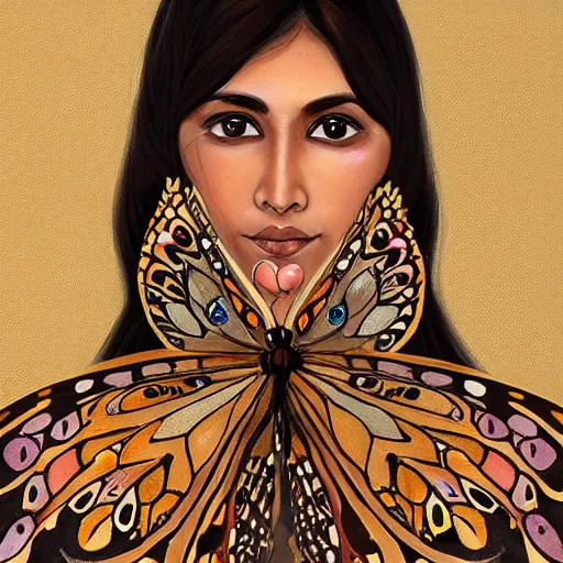 a brown south asian woman wearing a butterfly armor. | Stable Diffusion