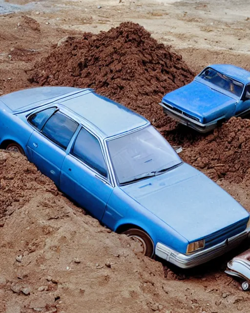 a blue car parked in front of a pile of dirt, a stock | Stable ...