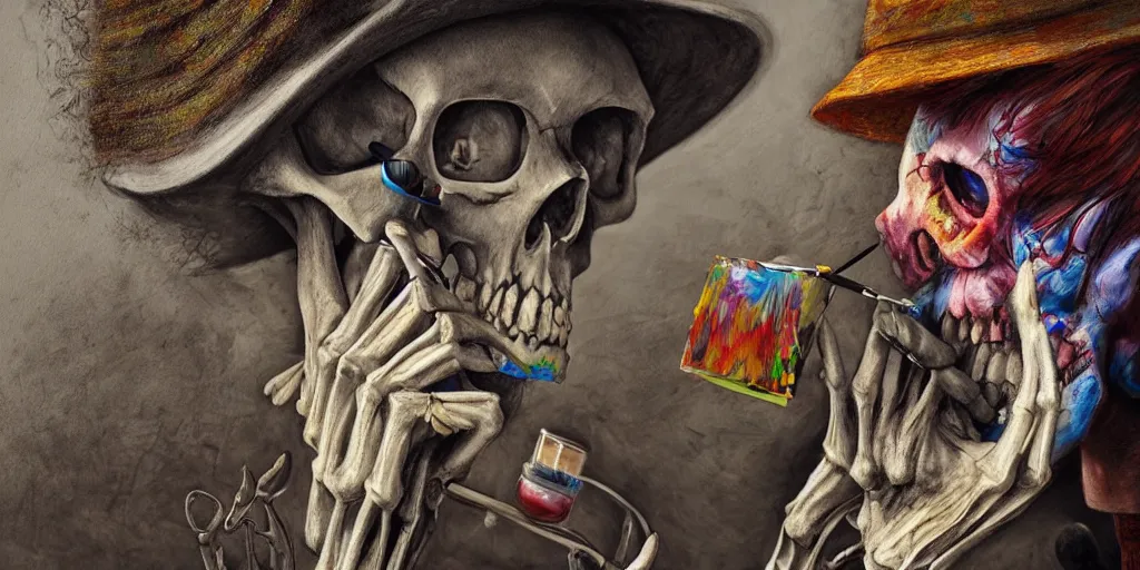 skeleton painter wearing a hat paints on his cannvas, | Stable ...