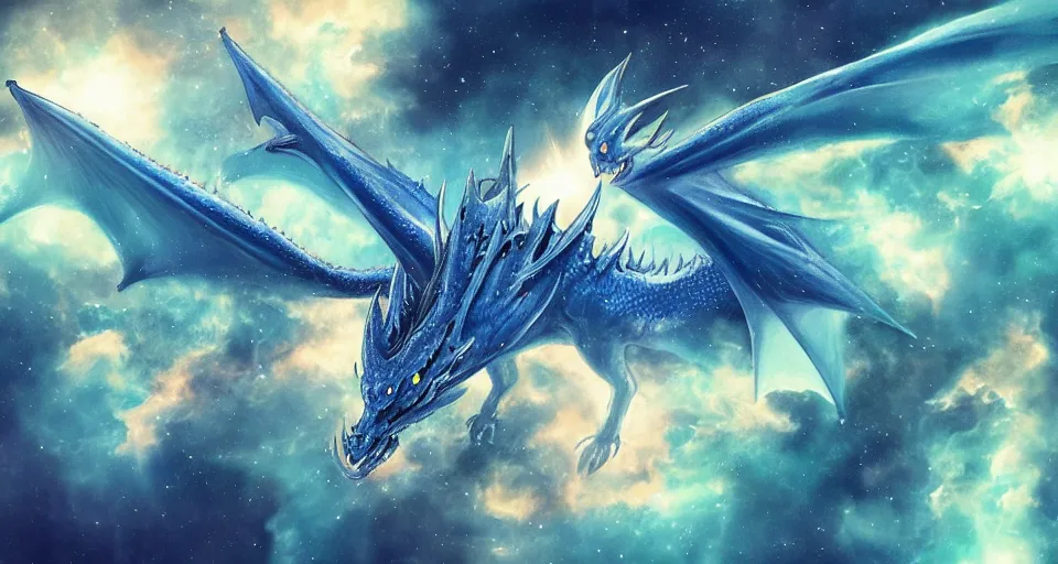 single large blue dragon flying through nebula, 8k, in | Stable Diffusion
