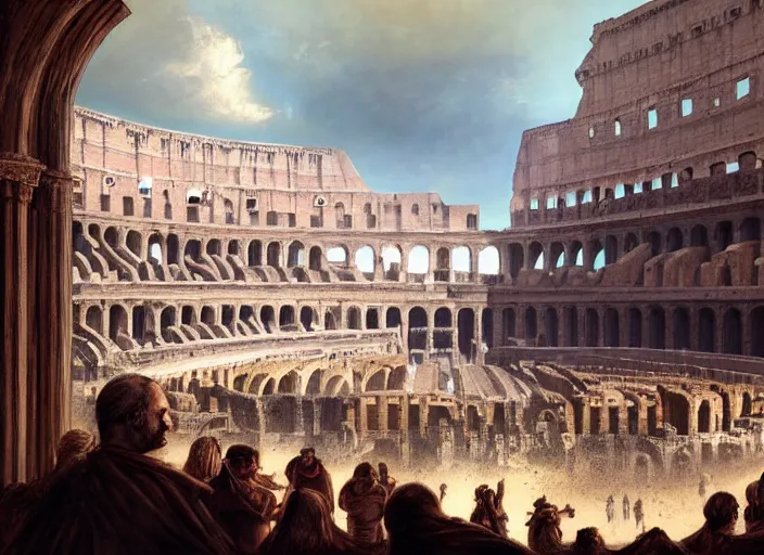 Colosseum interior in the 100AD with two fighters in | Stable Diffusion