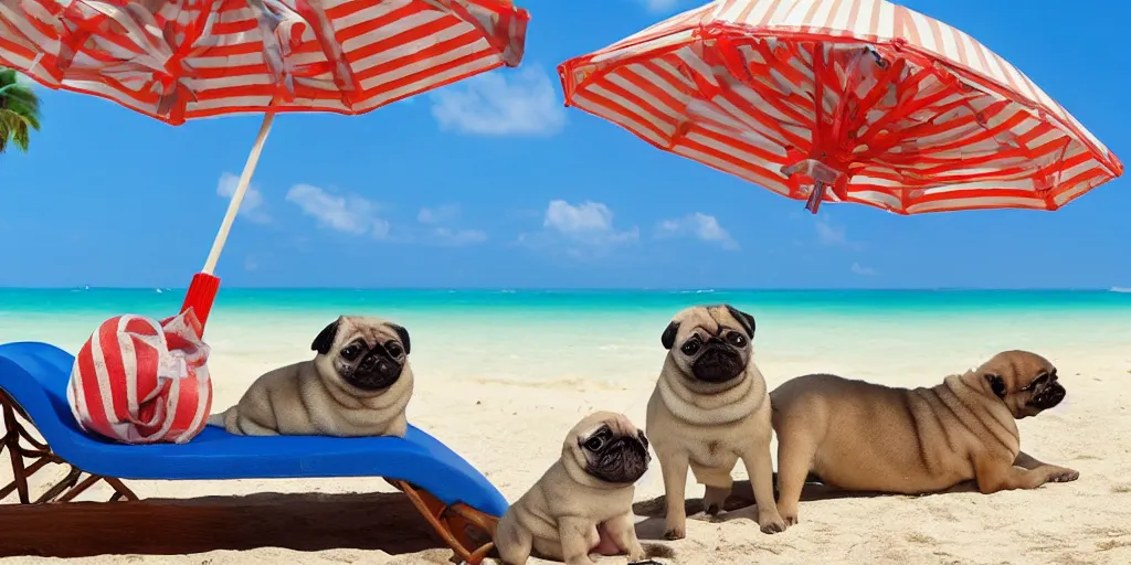 a beach with a pug puppy relaxing on a chaise lounge | Stable Diffusion ...