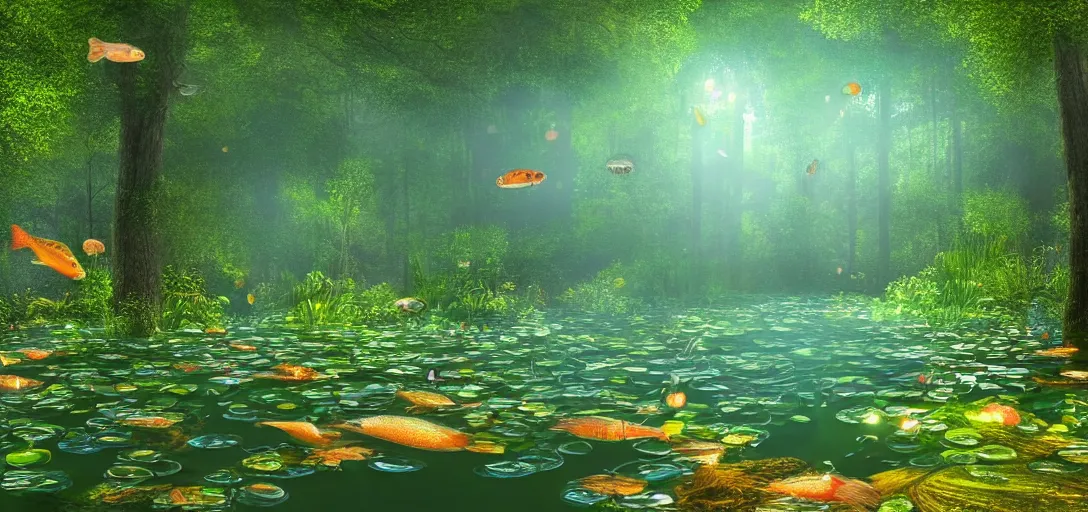 beautiful view of a forest pond, fish swimming, | Stable Diffusion ...
