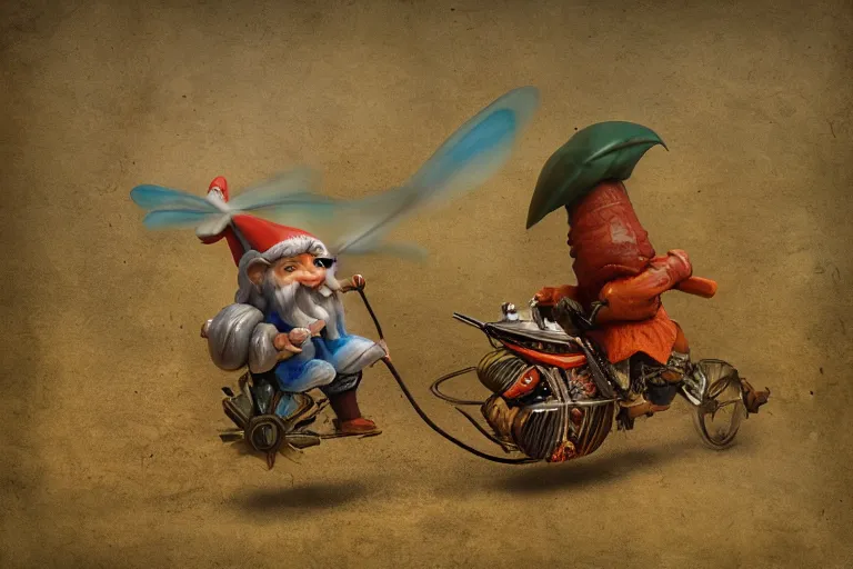 Cinematography of a gnome riding over a dragonfly by | Stable Diffusion ...