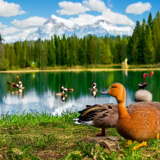 high detailed photo of a lake with duck and rabbit | Stable Diffusion