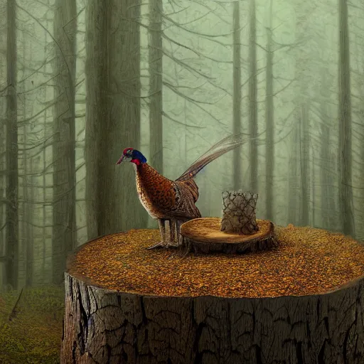 pheasant guard sits on a stump, in deep forest, by | Stable Diffusion | OpenArt